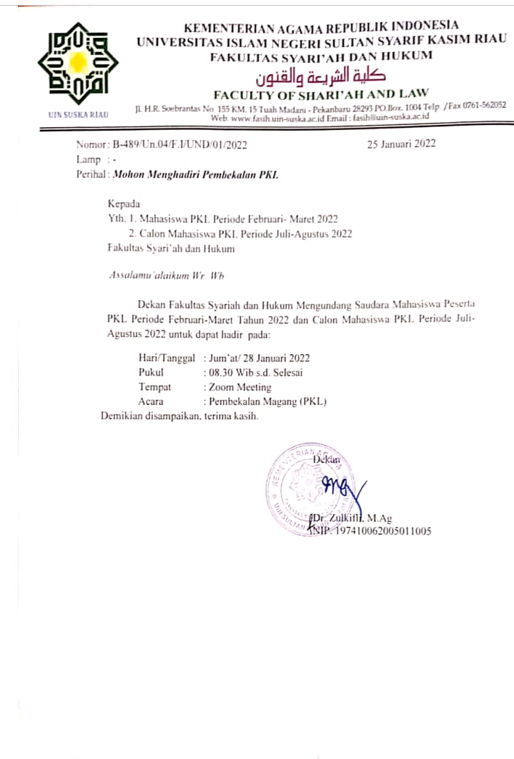 PEMBEKALAN PKL – FAKULTAS SYARIAH DAN HUKUM